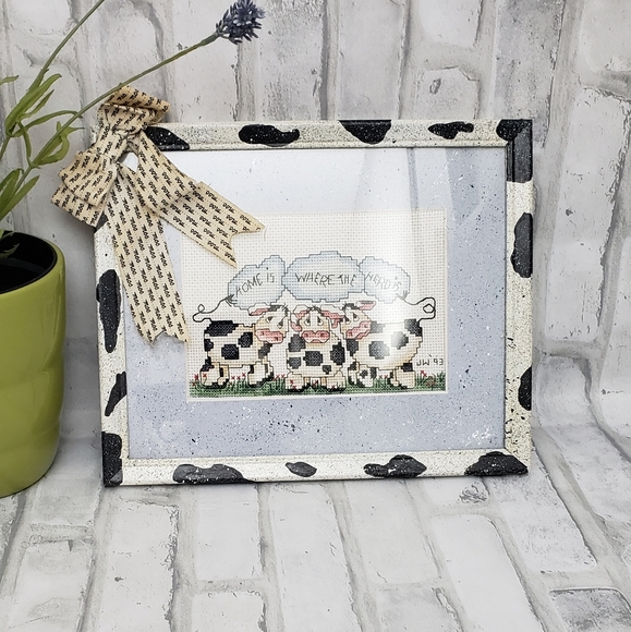 Wall Decor | Vintage Cow Print Framed Completed Cross Stitch Cows A ...